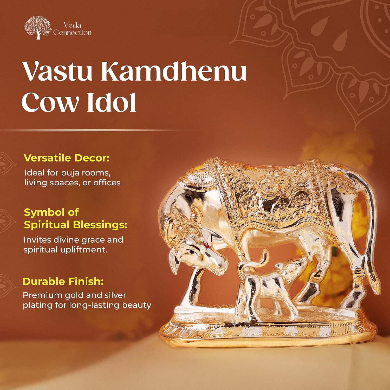 Vastu Kamdhenu Cow with Calf Idol Gold and Silver Plated Statue – Veda ...